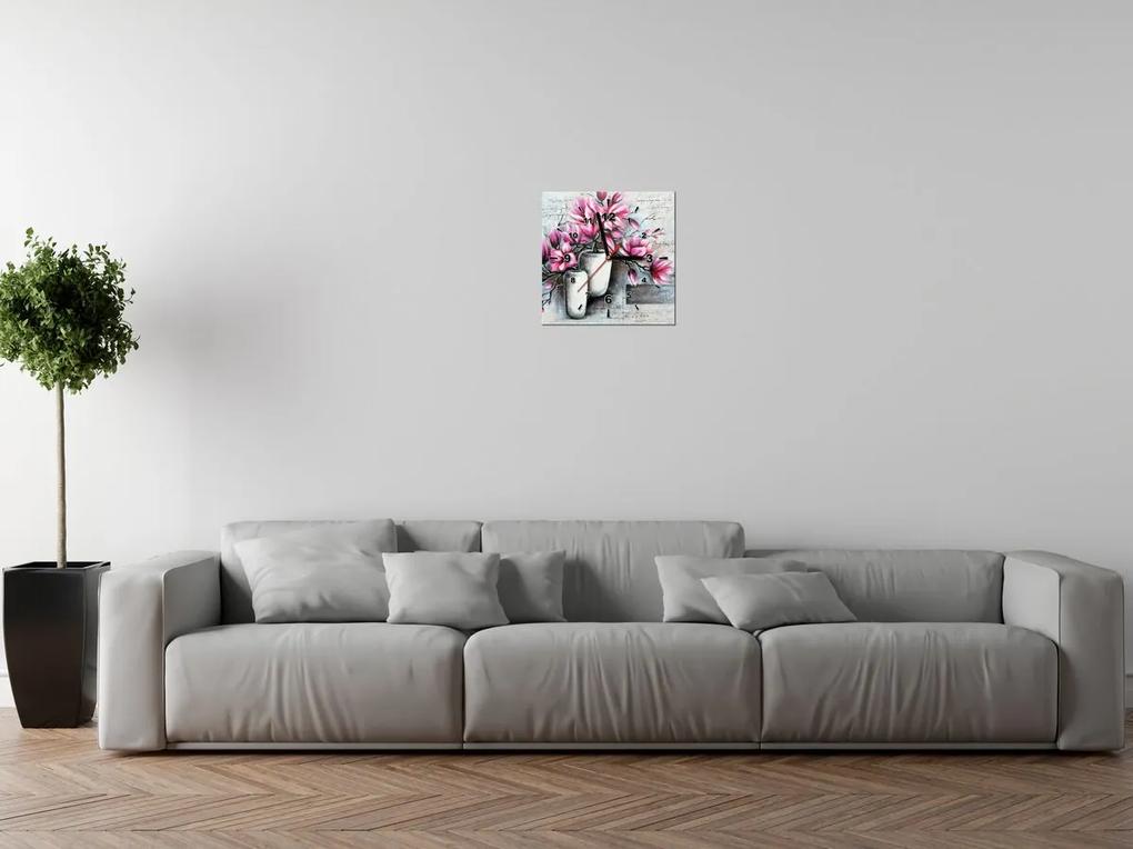 Gario Obraz s hodinami Růžové magnolie ve váze Rozměry: 40 x 40 cm