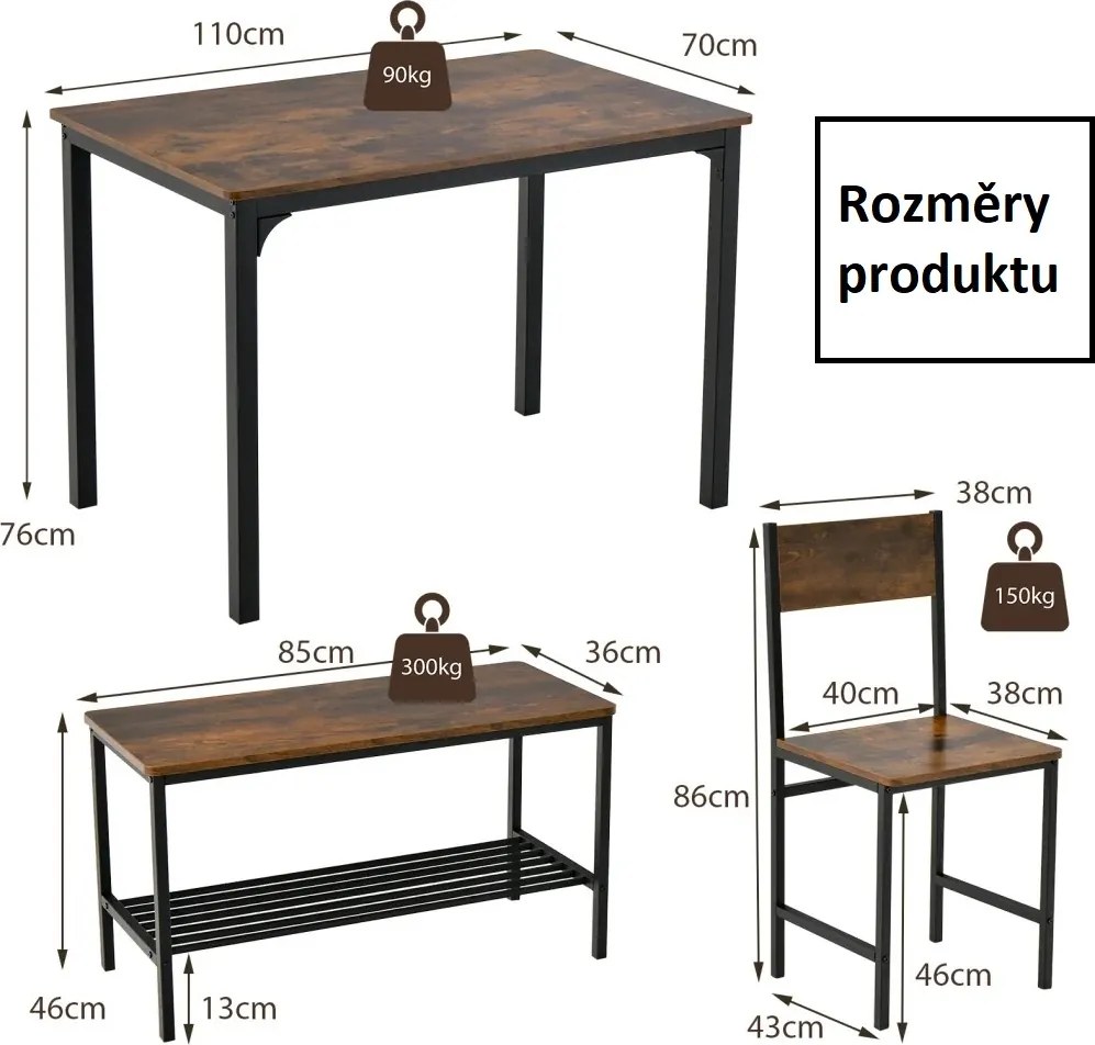Costway Jídelní sestava 4-dílná rustikální (1 stůl, 1 lavice, 2 židle), černo-hnědá KC59325CF