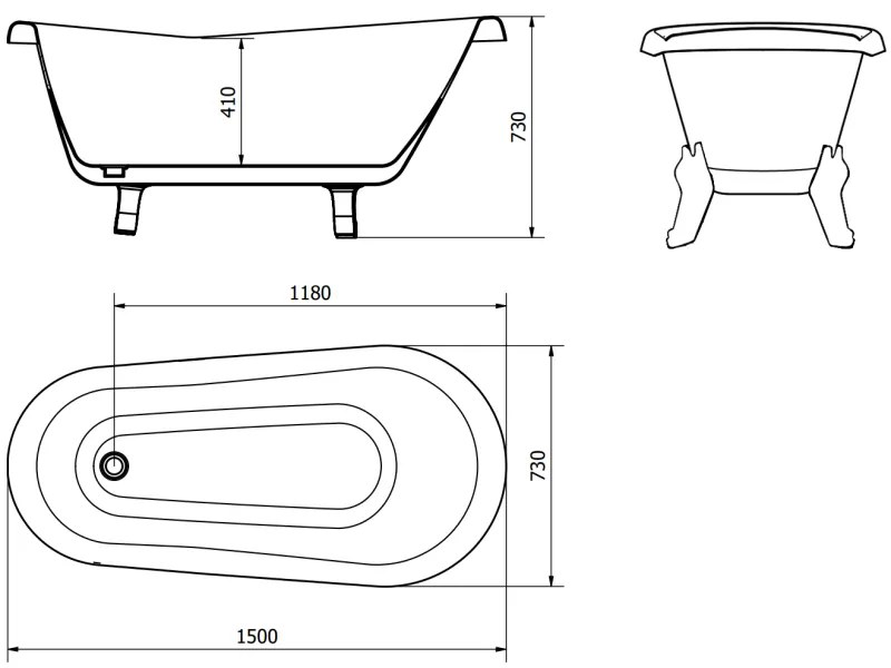 Mexen Retro, volně stojící vana 150 x 73 cm, bílá-černá, zlaté nohy, 53251507375-50