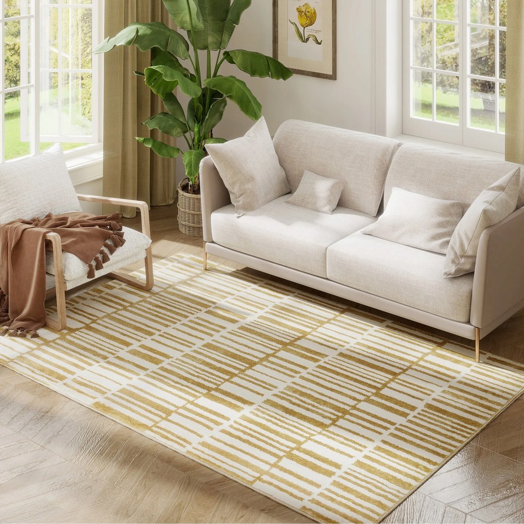 HOMCOM Koberce do obýváku 170x120 cm Pratelný koberec s krátkým vláknem a pruhovanými prvky pro obývací pokoj, ložnici a jídelnu Krémový | Aosom