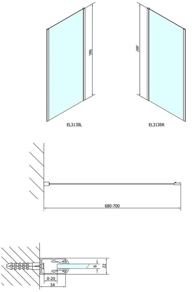 Polysan EASY LINE boční stěna 700mm, sklo BRICK EL3138