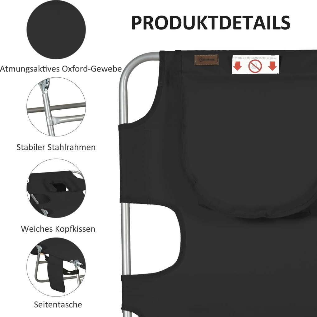 Zahradní lehátko, lehátko s polstrovaným otvorem na obličej, masážní lehátko pro venkovní použití, boční kapsa, látka, kov, černá barva
