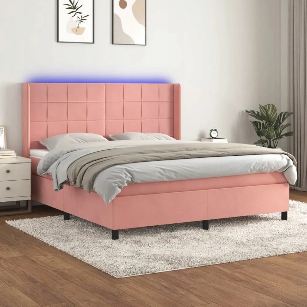 Box Spring Postel S Matrací A Led Samet Růžová Blok se čtverci 160 x 200