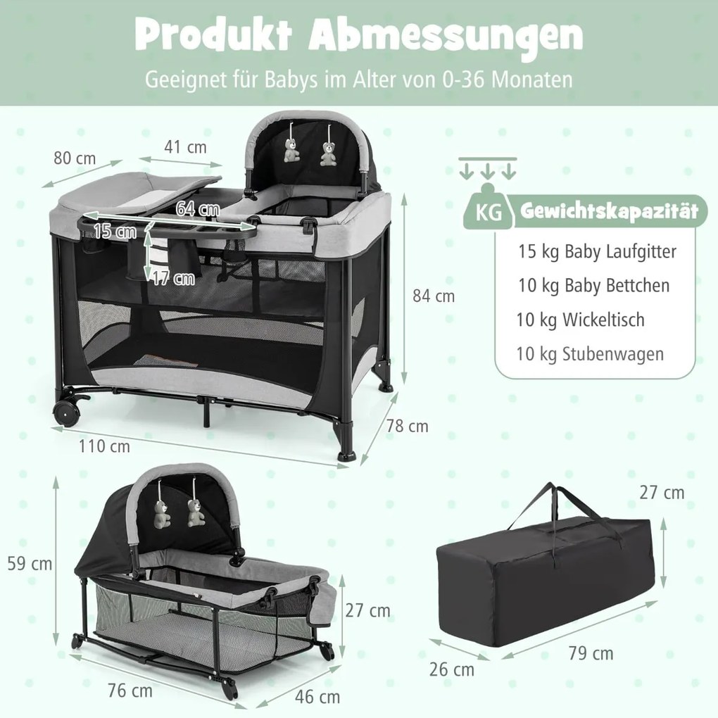 Costway Přenosná 5-in-1 dětská postýlka s cestovní postýlkou a kolébkou