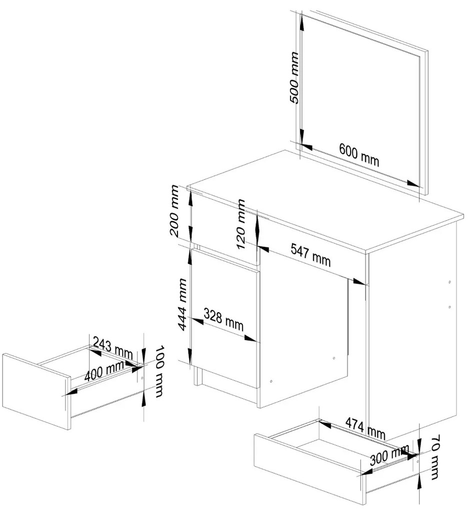 Kosmetický stolek se zrcadlem P-2 II 90x50 cm bílý levý