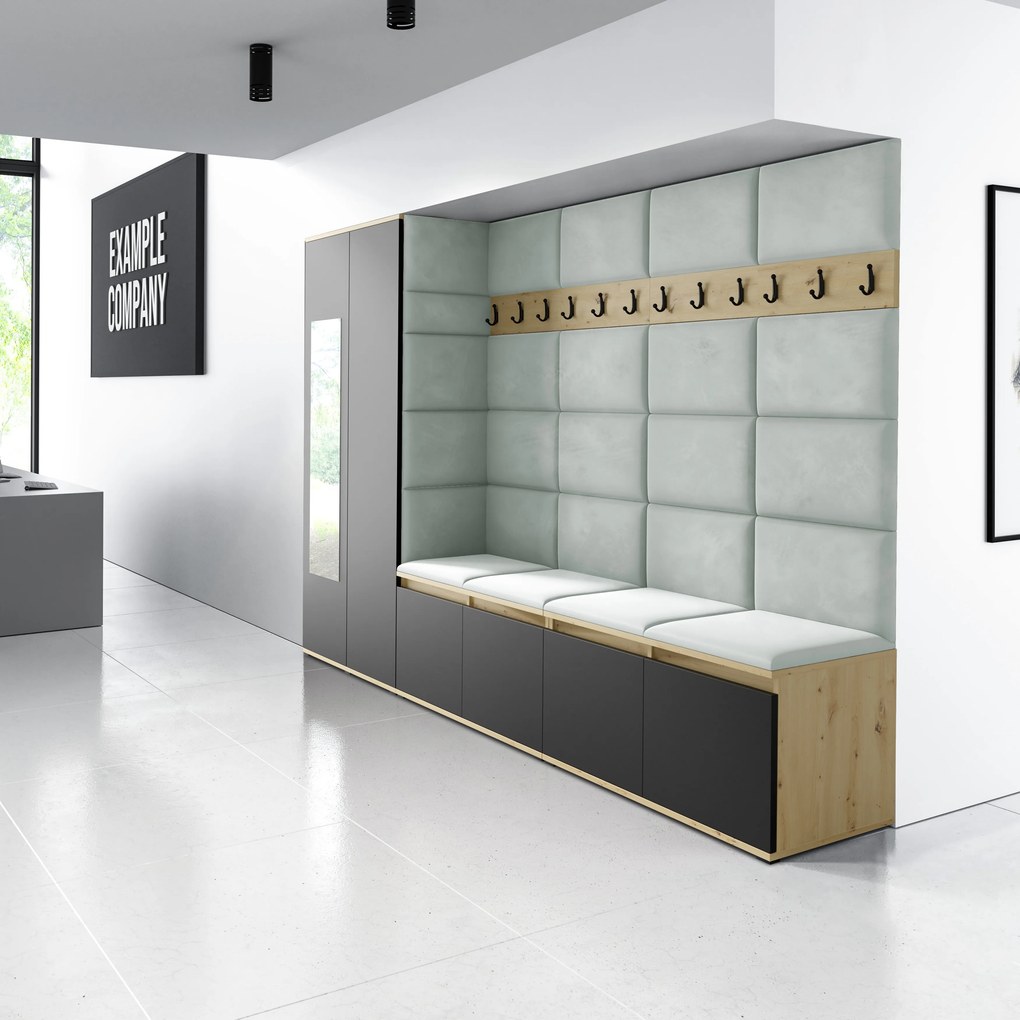 Eka Předsíňová stěna s čalouněnými panely Trinity 9 - Dub Artisan s černou / Světlá zelená 2321