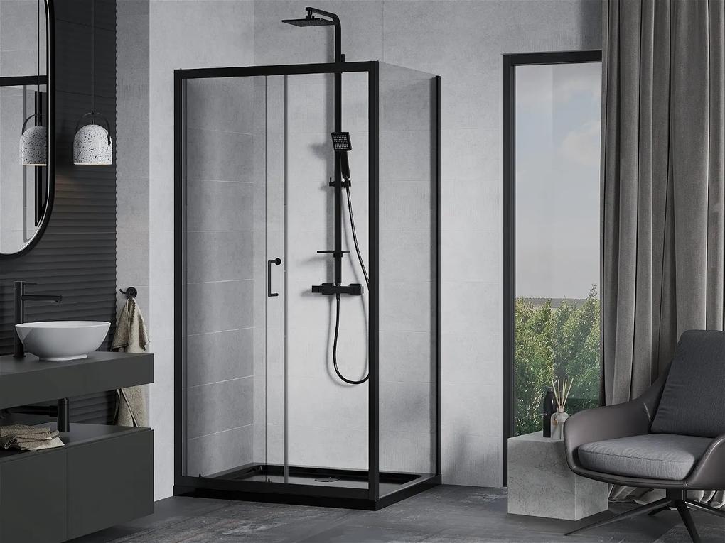 Mexen Apia sprchový kout s posuvnými dveřmi 110 (dveře) x 70 (stěna) cm, 5mm čiré sklo, černý profil + černá sprchová vanička s černým sifonem, 840-110-070-70-00-4070B