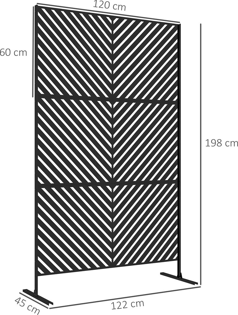 Outsunny zahradní zástěna 122x198 cm s trojúhelníkovým vzorem z oceli, dělící stěna a stojan na balkon a terasu v černé barvě |
