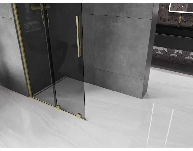 Mexen Velar, sprchová zástěna s posuvnými dveřmi Walk-in 90 x 200 cm, 8mm šedé sklo, zlatá matná, 871-090-000-43-55