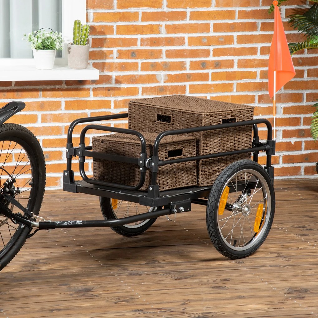 HOMCOM Přívěs na kolo s odnímatelným nákladem 2 kola, odrazky a vlajka, rám s tlumičem 70L kapacita 40 kg zatížení 125x64x53,5 cm Černý