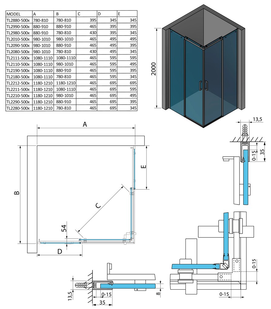 Sapho, THRON LINE SQUARE obdélníkový sprchový kout 1100x1000mm, hranaté pojezdy, rohový vstup