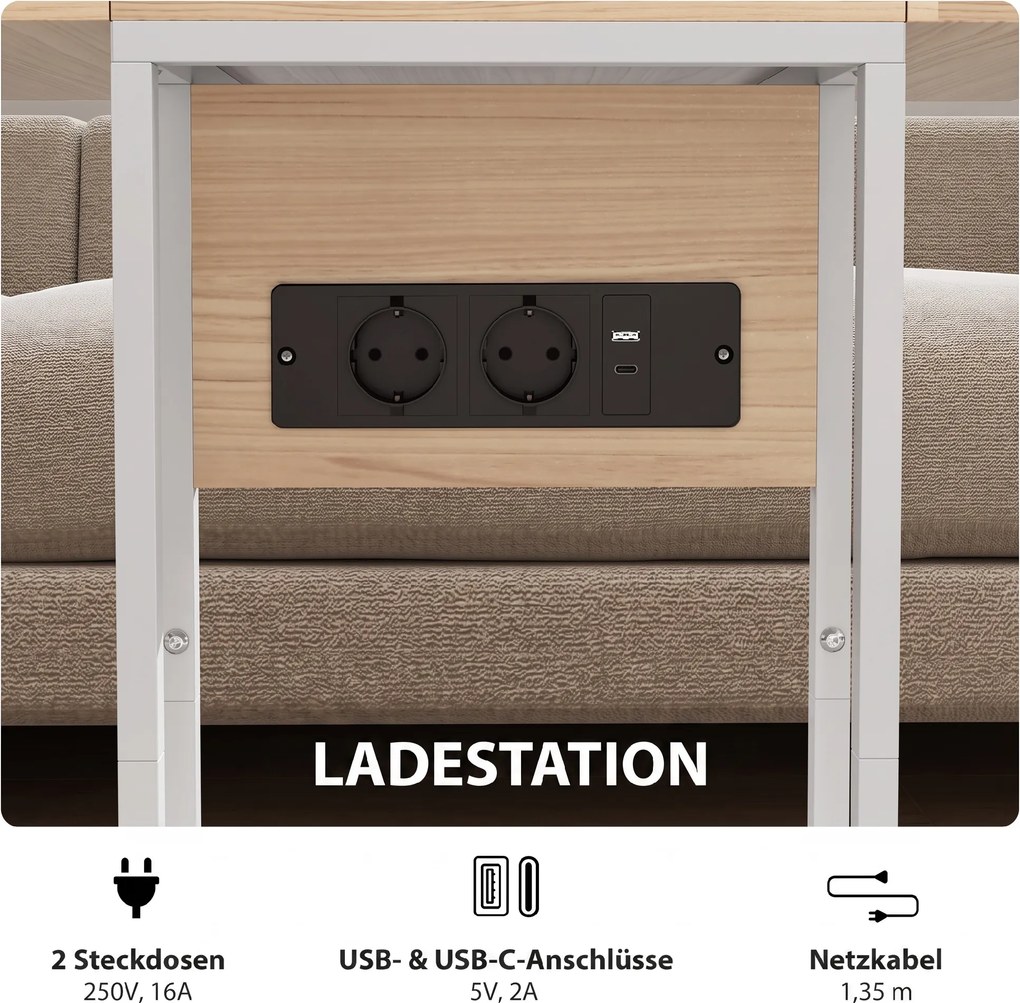 HOMCOM Skládací příruční stolek, nabíjecí stanice s USB porty, kov, 39 x 29 x 57 cm, barva dřeva