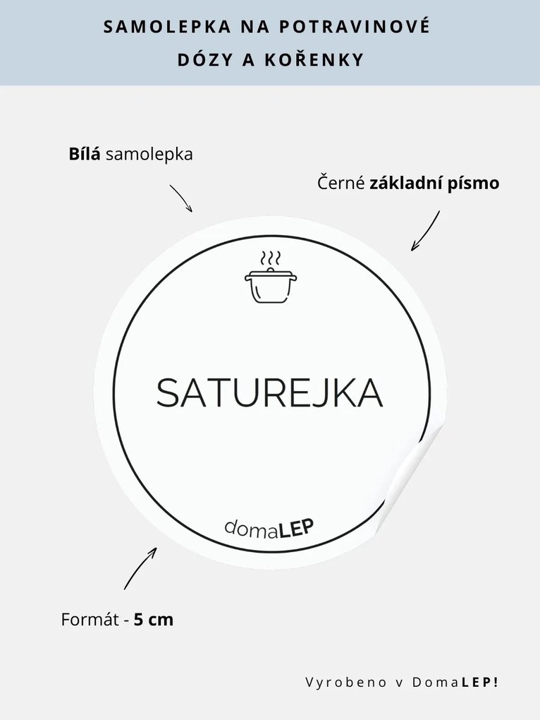 Samolepka na kořenky SATUREJKA bílá 5 cm základní písmo