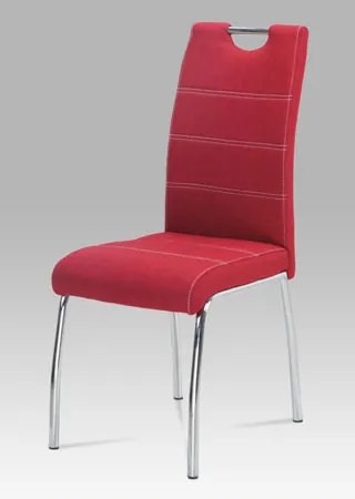 Jídelní židle, červená látka, bílé prošití, kov chrom