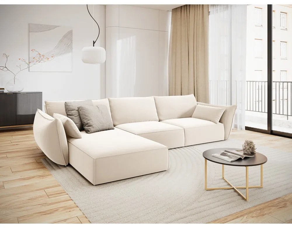 Béžová sametová rohová pohovka (levý roh/s lenoškou) Vanda – Mazzini Sofas