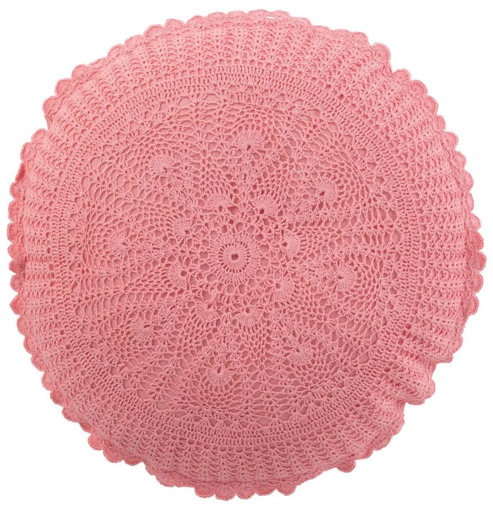 Růžový kulatý bavlněný polštář s krajkou Lace pink - Ø 38*12cm