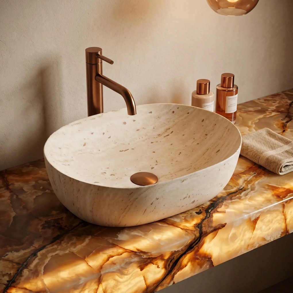 Keramické umyvadlo na desku REA Amelia Travertine Classic 48x34,5 cm, imitace kamene