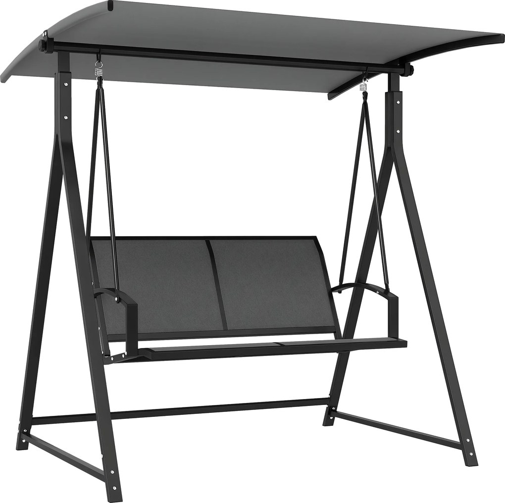 Zahradní houpačka Outsunny 2-místná s nastavitelnou stříškou 90° UV ochrana 30+ a trojúhelníkovým kovovým rámem nosnost 220 kg 160x112x162 cm Tmavě še