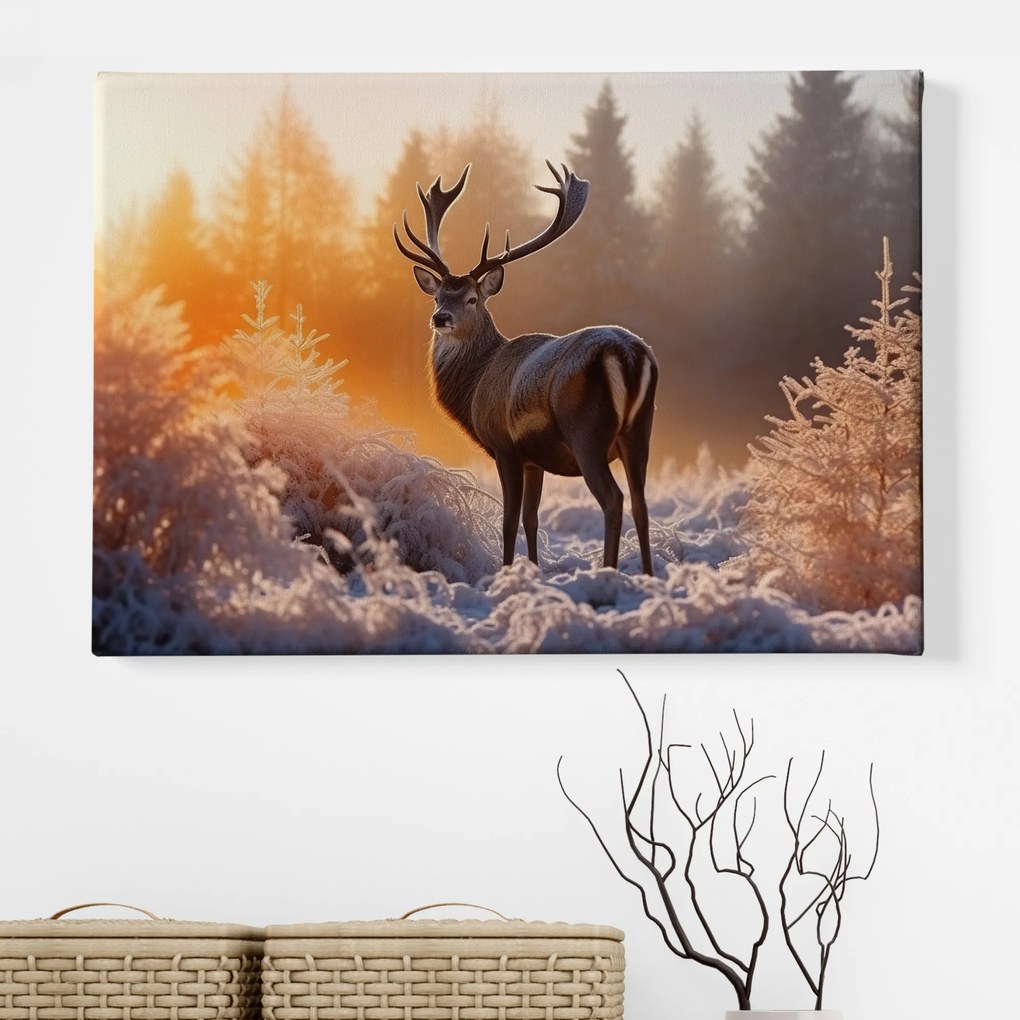 Obraz na plátně - Nádherný jelen v mrazivém slunečném ránu FeelHappy.cz Velikost obrazu: 120 x 80 cm