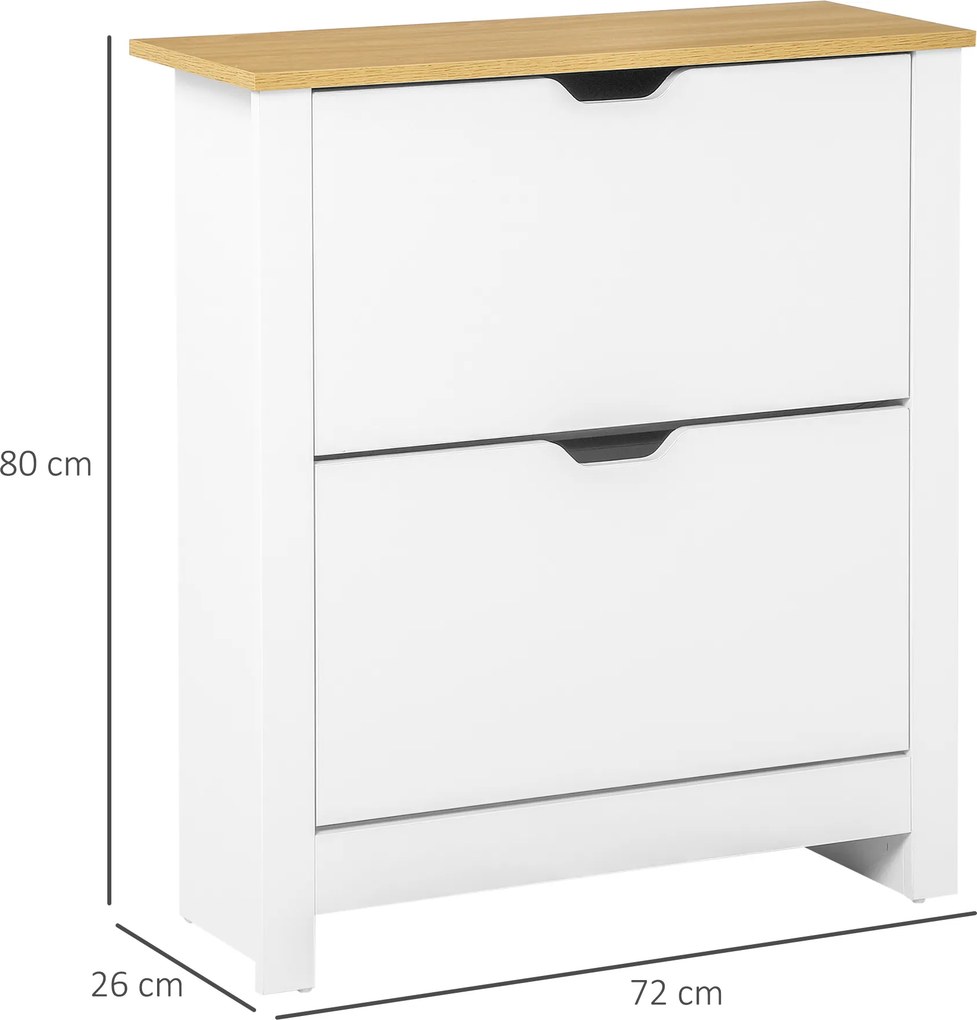 HOMCOM Prostorově úsporný výklopný botník se 2 chlopněmi na 12 párů bot, botník do předsíně, bílý+přírodní
