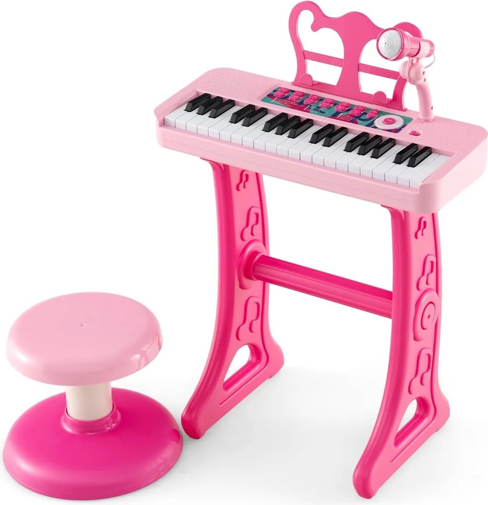 Costway Dětské elektronické piano s 37 klávesami a stoličkou, růžové