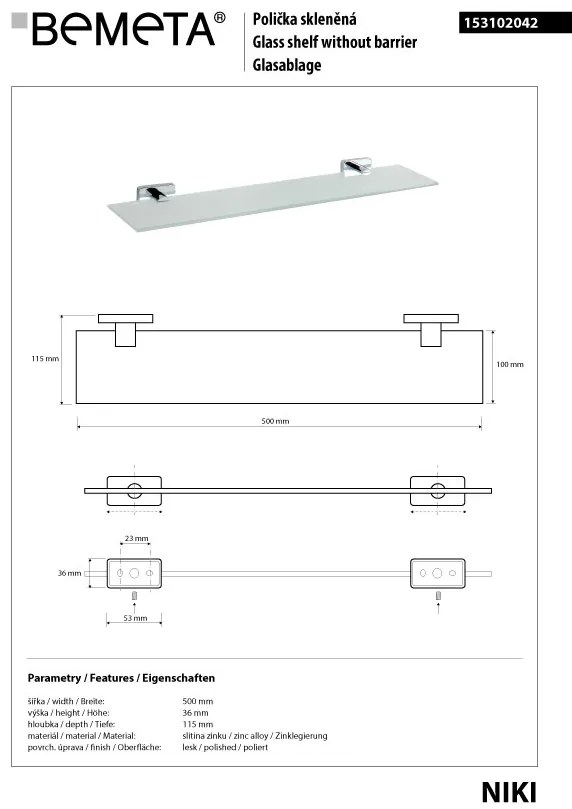 Bemeta Design NIKI: Polička, 500 mm, sklo - 153102042