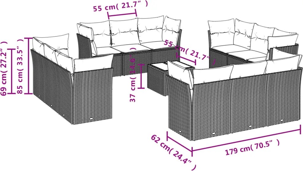 13dílný zahradní sedací souprava s poduškami černý polyratan 3217335