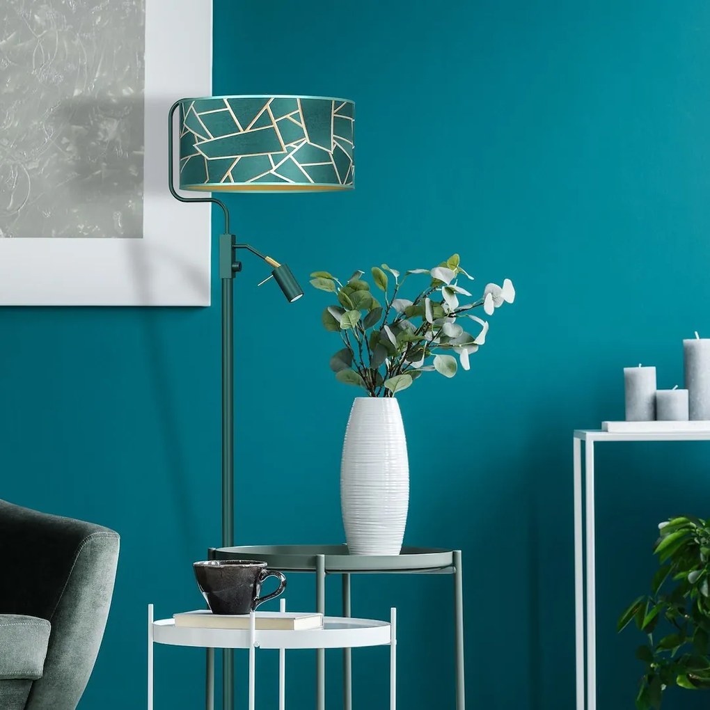 Stojací lampa Ziggy, 1x zelené/zlaté textilní stínítko + 1x zelené kovové stínítko, gr/g