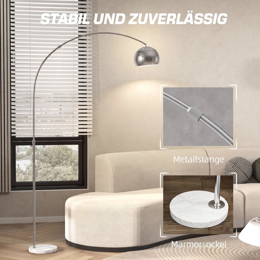 HOMCOM Stojací lampa, obloukový design s mramorovou základnou, 167 cm, stříbrná