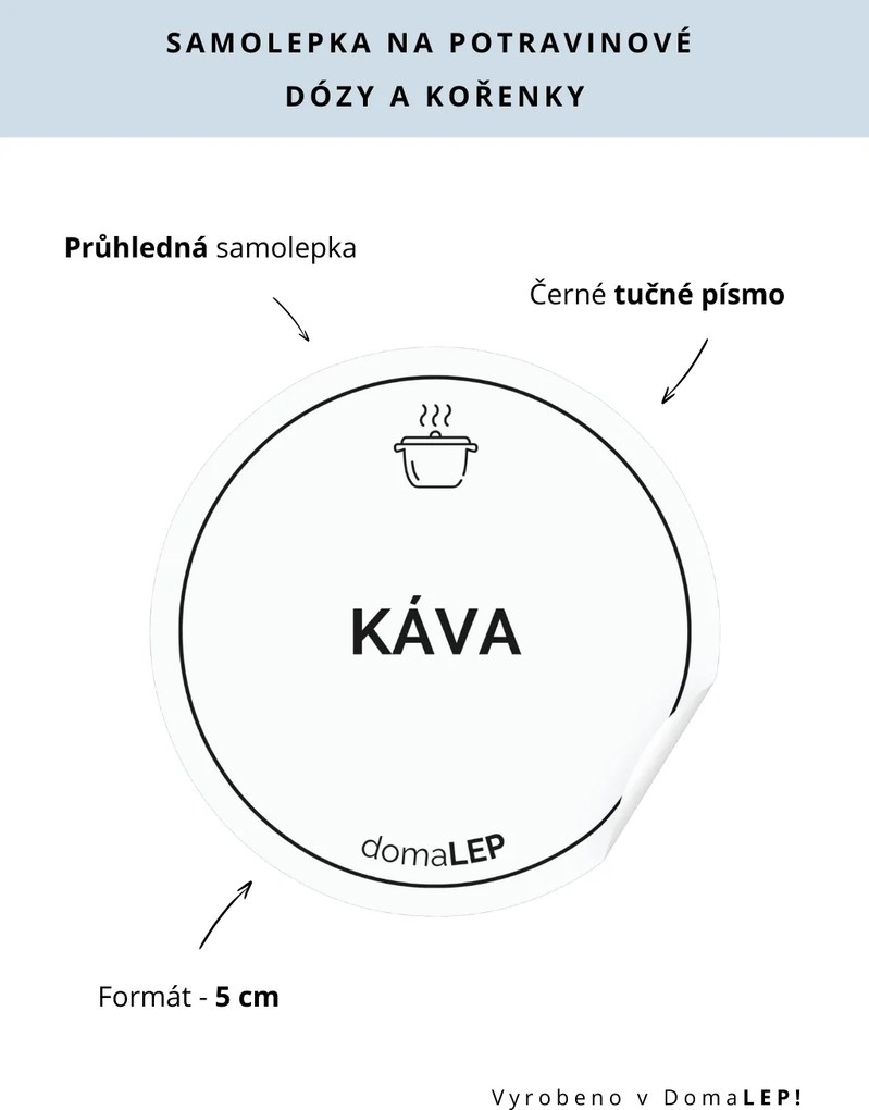 KÁVA MLETÁ – bílá samolepka na dózu, tučné písmo, 5 cm | DomaLEP