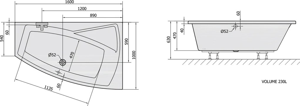 Polysan, EVIA R asymetrická vana 160x100x47cm, pravá, bílá, 12611