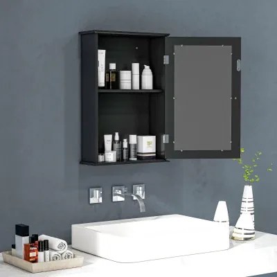 kleankin Závěsná koupelnová skříňka se zrcadlem a dvířky s magnetickým zavíráním, 41x14x60 cm, černá