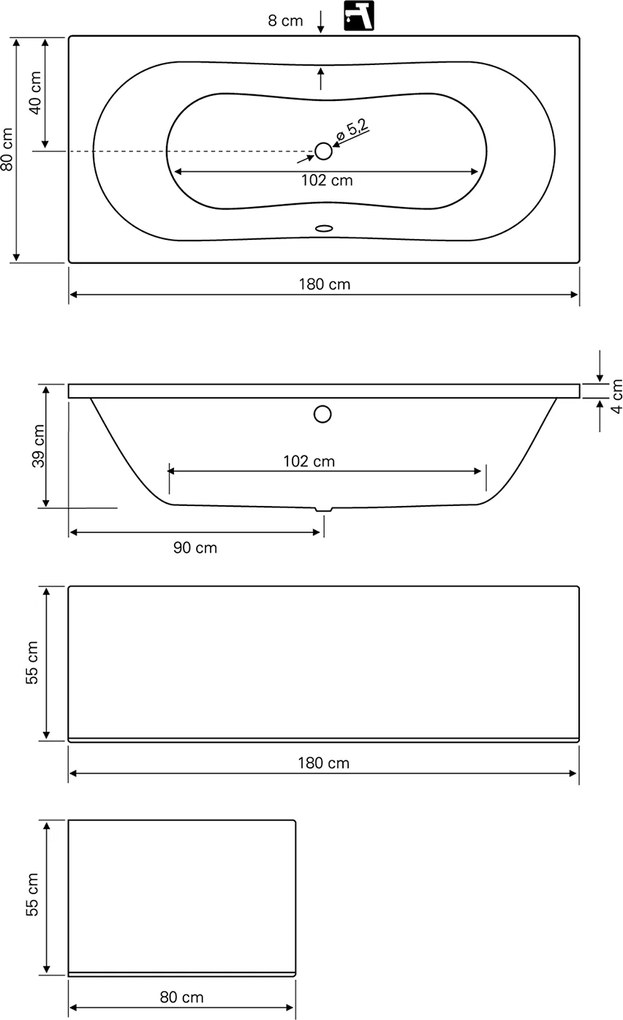 Aqualine Jizera G1880 obdélníková vana 180 x 80 cm akrylátová
