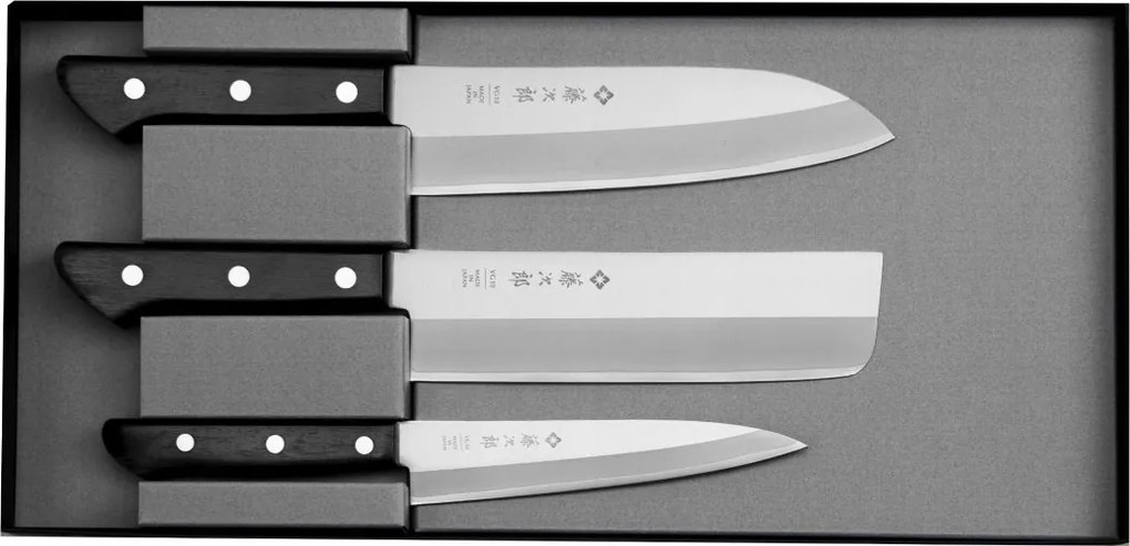 Sada 3 kuchyňských nožů Tojiro Basic VG-10 Santoku, Nakiri, univerzální,