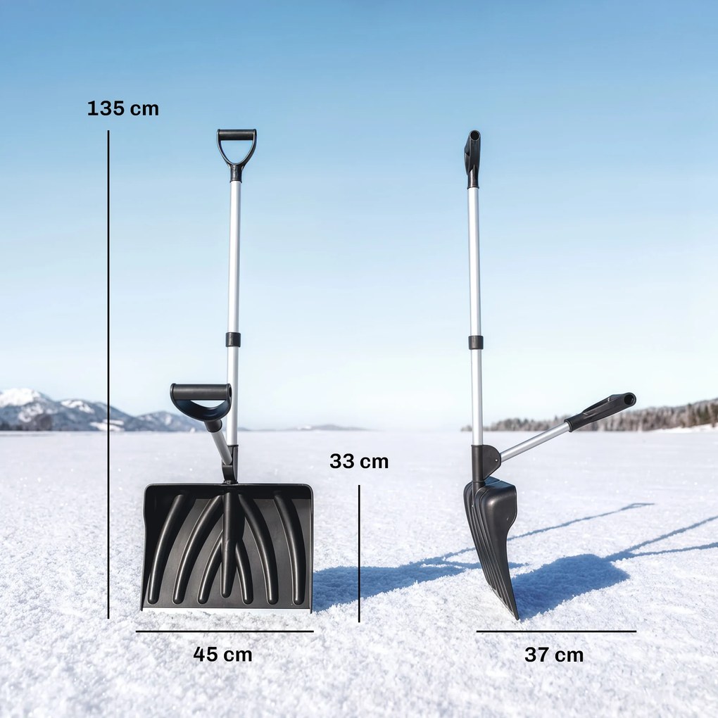 Outsunny Sněhový pluh 45 cm široký, plastová lopata na sníh s ergonomickou přídavnou rukojetí, odháněč sněhu s hliníkovou násadou a kovovým okrajem