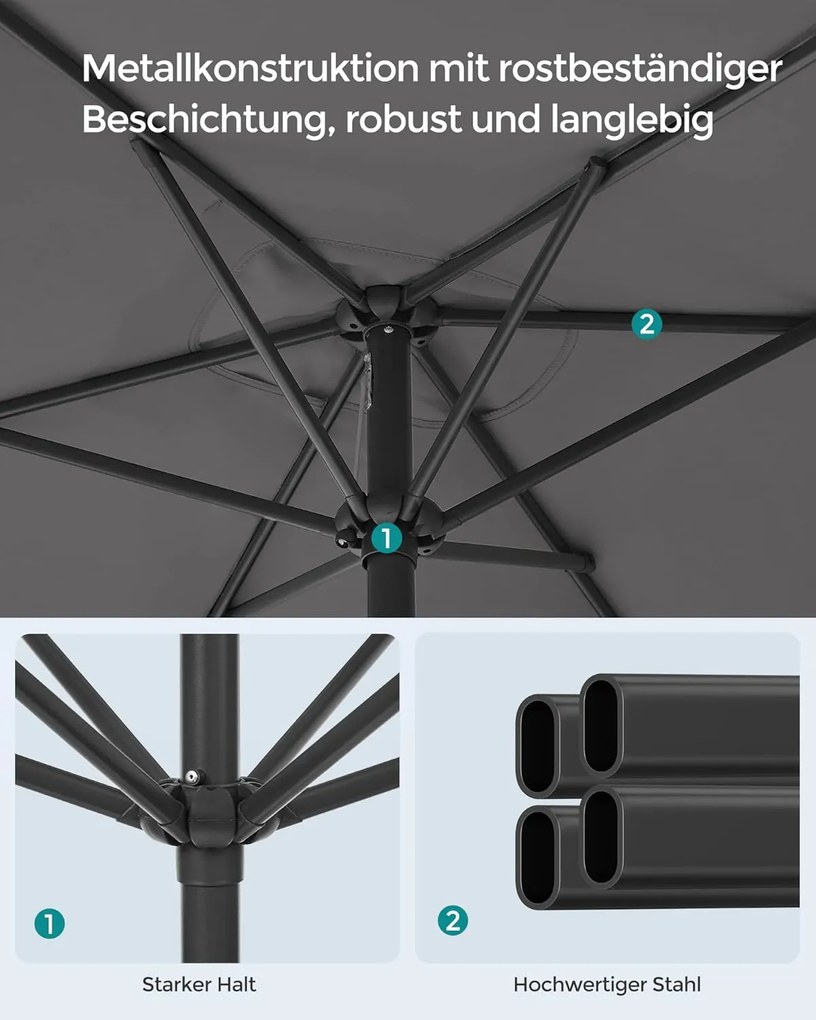 Slunečník 200 × 150 cm, obdélníkový balkonový slunečník, UV ochrana UPF 50+, bez základny, šedý
