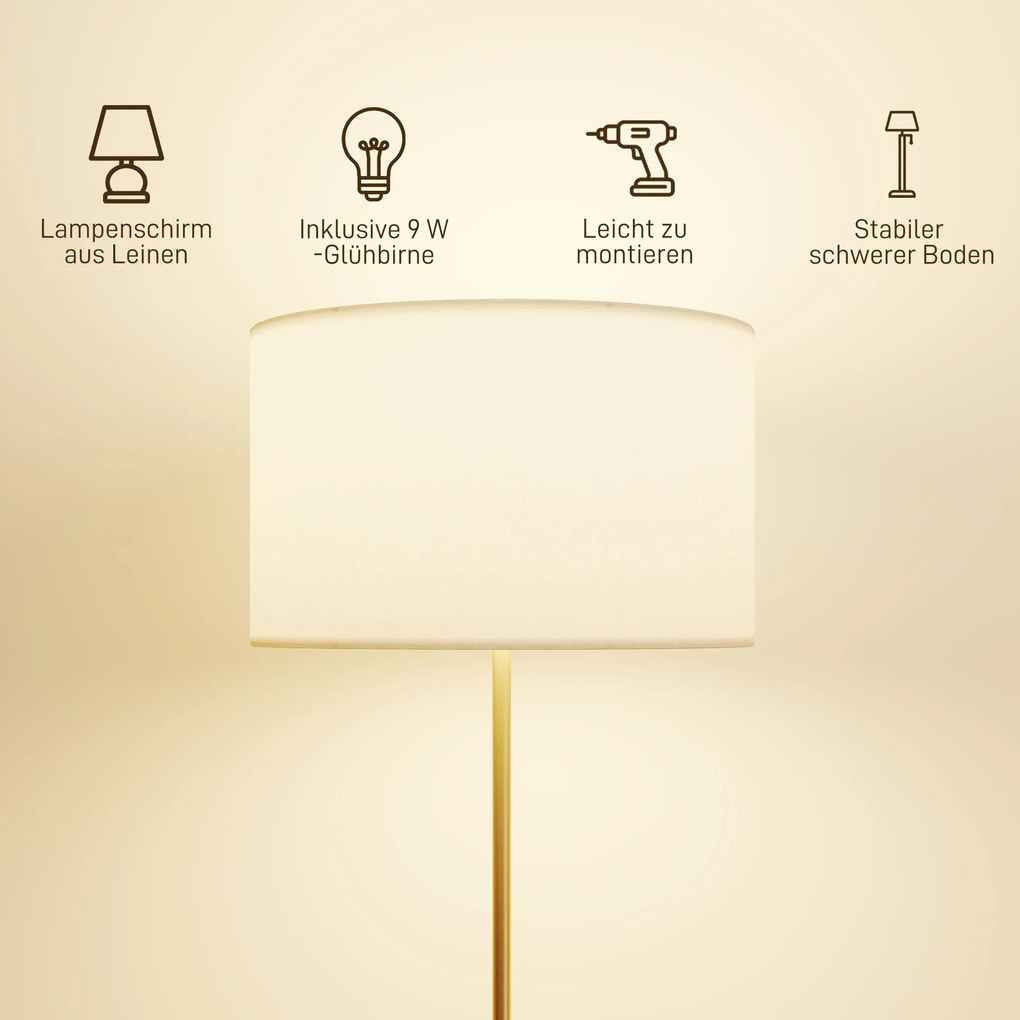 HOMCOM Stojací lampa s dálkovým ovládáním, výškově nastavitelná, látkové stínidlo, kovový stojan, nastavitelná jas, nožní spínač, zlatá barva
