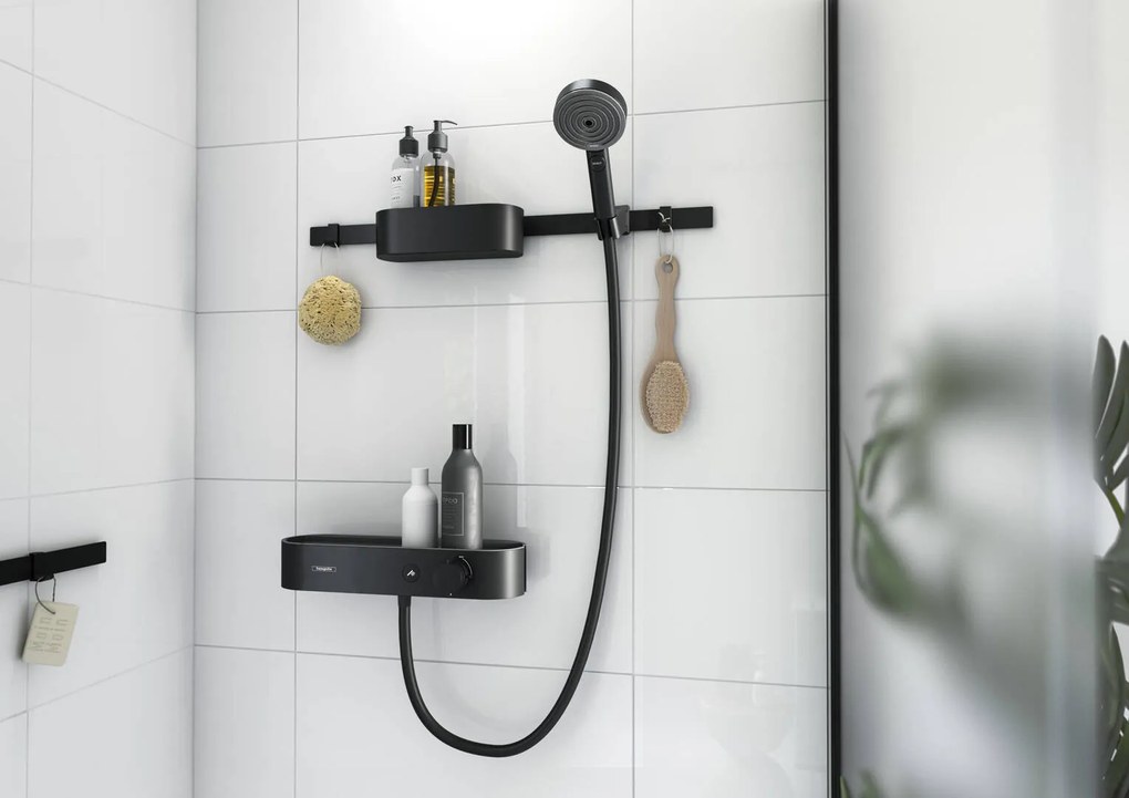 Hansgrohe WallStoris, sada sprchové hlavice 105, 3 proudy, termostatu a koupelnových doplňků, černá matná, 24250670