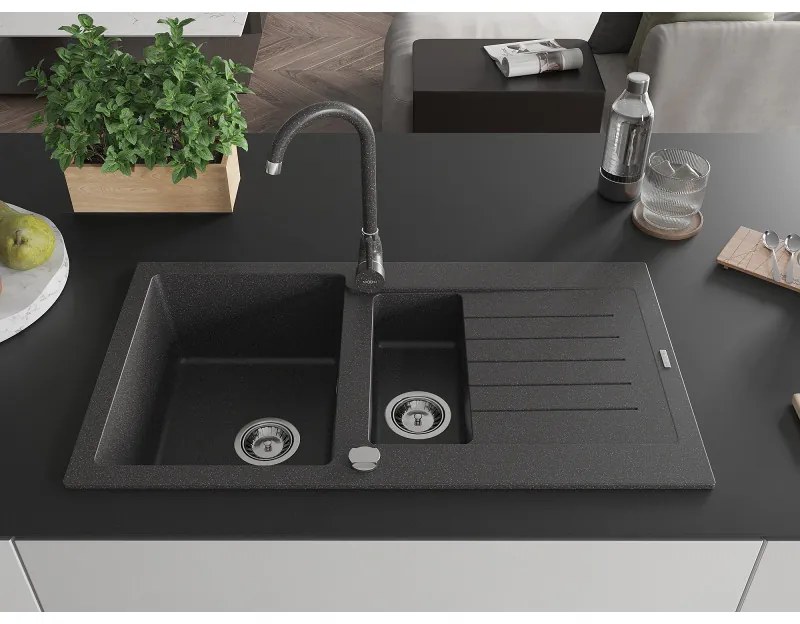 Mexen Matias, 1,5-komorový granitový dřez s odkapávačem 90x50 cm a kuchyňskou baterií Telma, černá se stříbrnými tečkami, 6502-76-670200-76