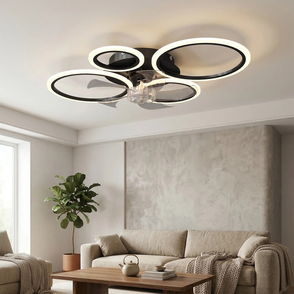 HOMCOM LED stropní ventilátor se světlem, tichý 30" (77 cm) s dálkovým ovládáním — 6 rychlostí, 3 teploty světla, DC motor, časovač — černý