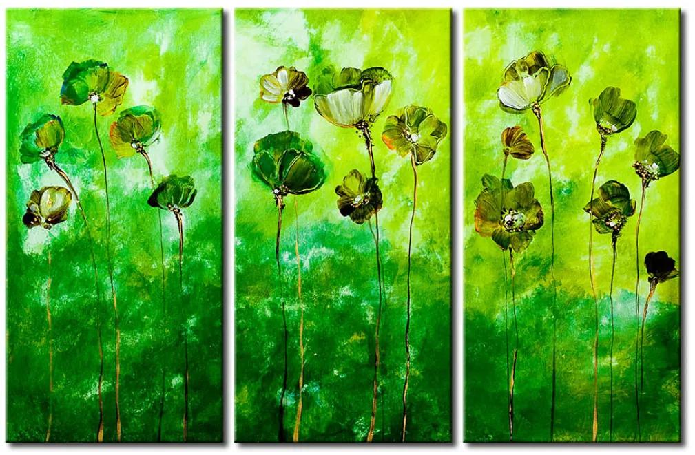 Obraz Zelené květy (3-dílný) - kompozice s efektem šťavnaté louky