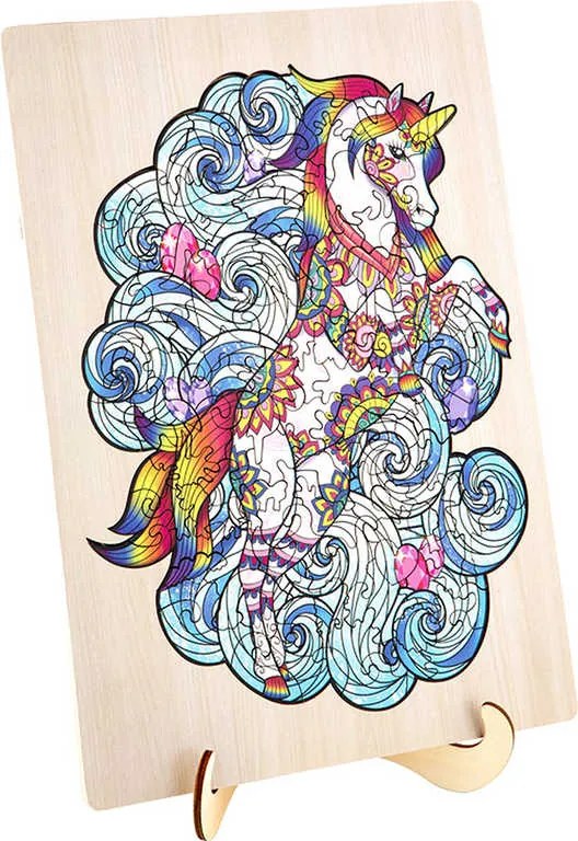 _Ostatní 1_ DŘEVO Puzzle obrysové na desce Jednorožec 130 dílků set skládačka se stojánkem 400045rms