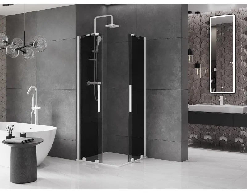 Mexen Velar Duo, sprchový kout s posuvnými dveřmi 100 x 100 cm, 8mm šedé sklo, bílá matná, 871-100-100-42-20