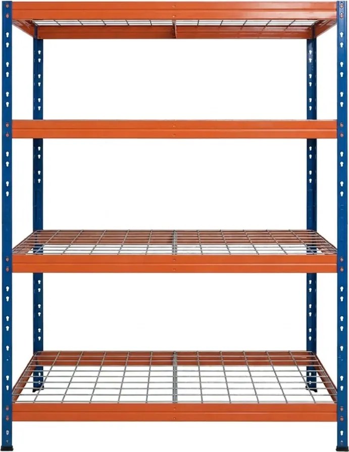 Kovový regál RIVET PRO 180x120x45 ocelová mřížka 4 úrovně modro-oranžová