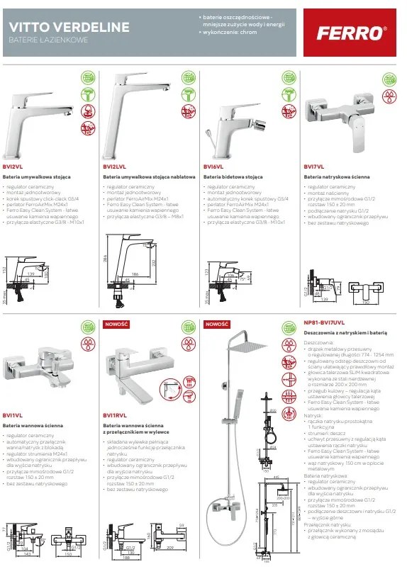 Ferro Vitto Verdeline, umyvadlová baterie, chrom lesklý, BVI2VL