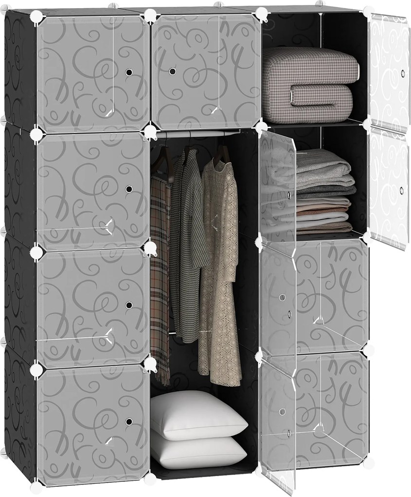 HOMCOM DIY Systém Šatníku se 2 Velkými a 9 Malými K cubes, Úložný prostor, Botník, Knihovna, Hračkový K cabinet Černá 111 x 47 x 145 cm | Aosom