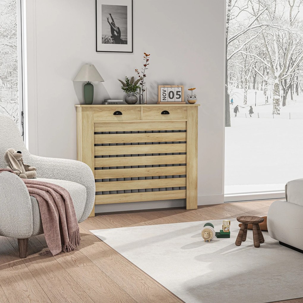 HOMCOM Kryt radiátoru s šuplíky MDF Kryt radiátoru do obývacího pokoje, ložnice, chodby 111x19x95,5 cm Dub