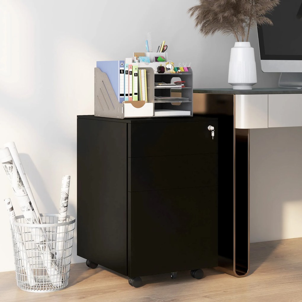 Vinsetto skříň na dokumenty uzamykatelná se zásuvkami 37L x 43,5W x 60H cm pojízdná s brzdami 3stupňová nastavitelná ocelová tyč černá | Aosom.de