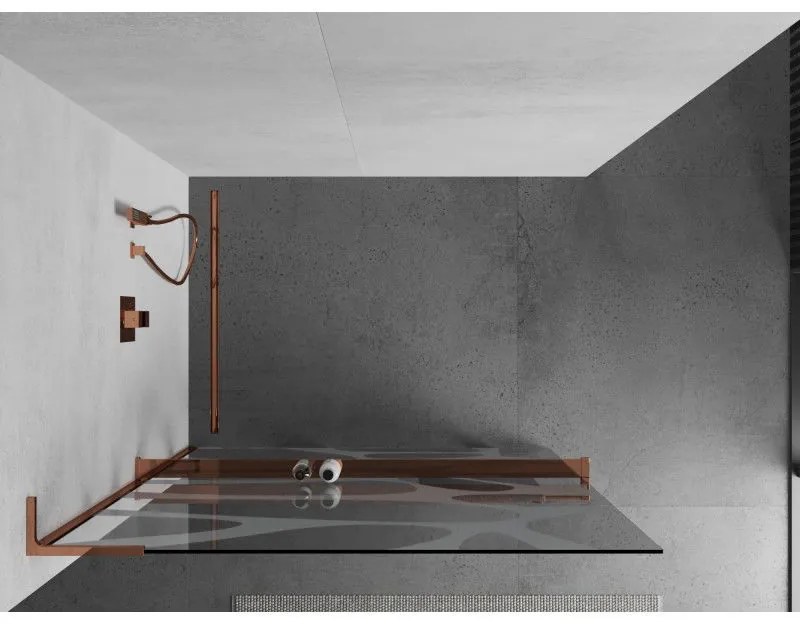 Mexen Kioto+ L, sprchová zástěna Walk-In s poličkou a věšákem 100 x 200 cm, 8mm čiré sklo bílý vzor, růžové zlato profil, 800-100-123-60-97