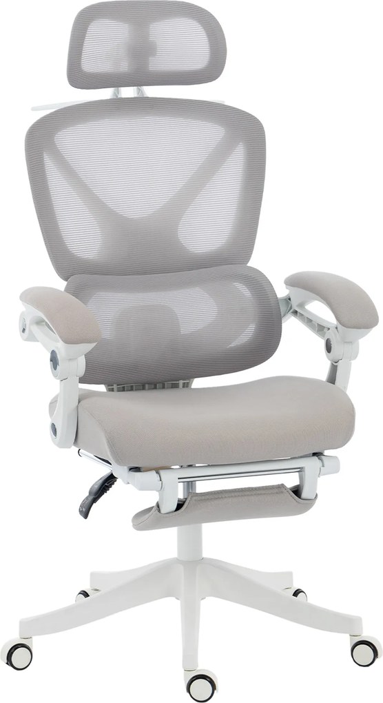 HOMCOM Kancelářská židle, ergonomická židle k psacímu stolu s opěrkou nohou, houpací funkcí, opěrkami rukou, síťovina, šedá